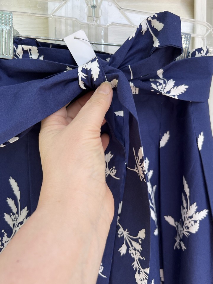 NWT Talbots Pretty Navy Blue White Floral A-Line Midi Skirt Sash Belt ...