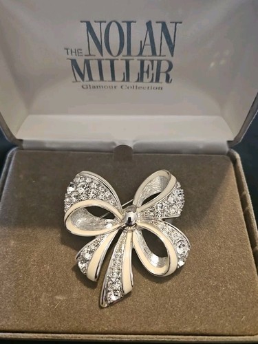 Signed Nolan Miller Rhinestones and Enamel Bow Ribbon Brooch with Box ...