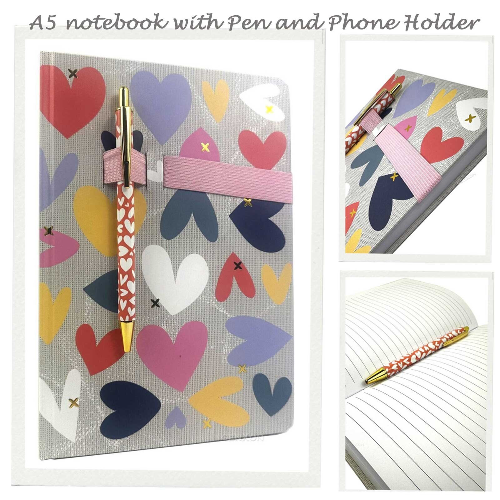 Notebook Pen and Phone Holder Hearts Cover A5 Hardback Notes Diary ...