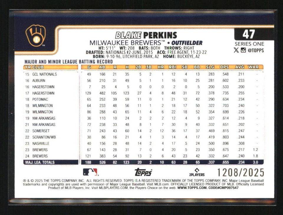 2025 Topps #47 Blake Perkins Gold #/2025 | eBay