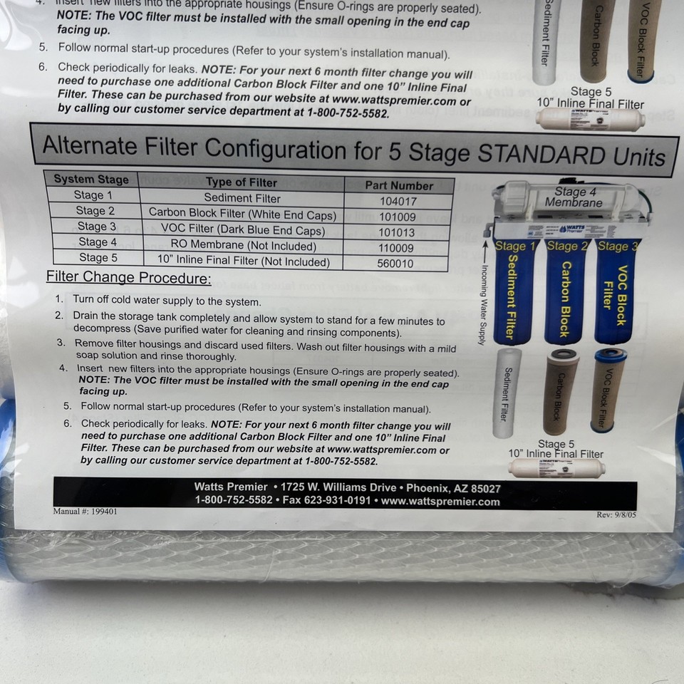 Watts Premier Replacement Filters 4-Stage WP-4V Alternate 5-Stage New ...