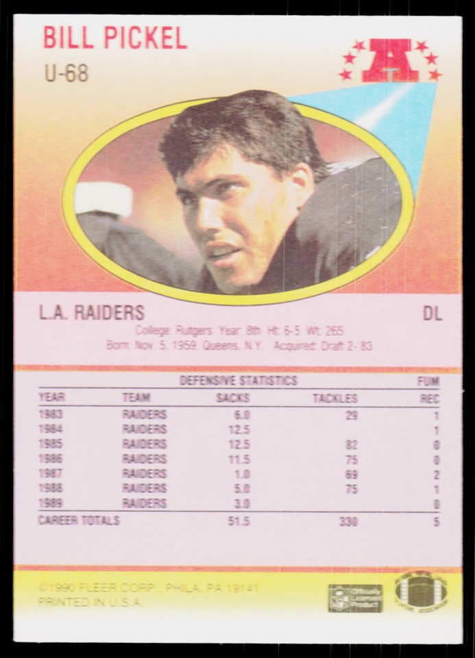 Bill Pickel, 1990 Fleer Update, #U-68, Los Angeles Raiders, | eBay