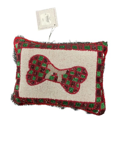 Neiman Marcus Needlepoint Pillow beaded christmas red sudha ribbon bow ...