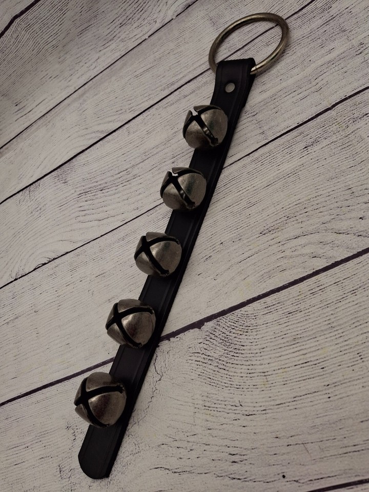 5-Bell Sleigh Bells, Antiqued Nickel Bells on Black Leather Strap ...