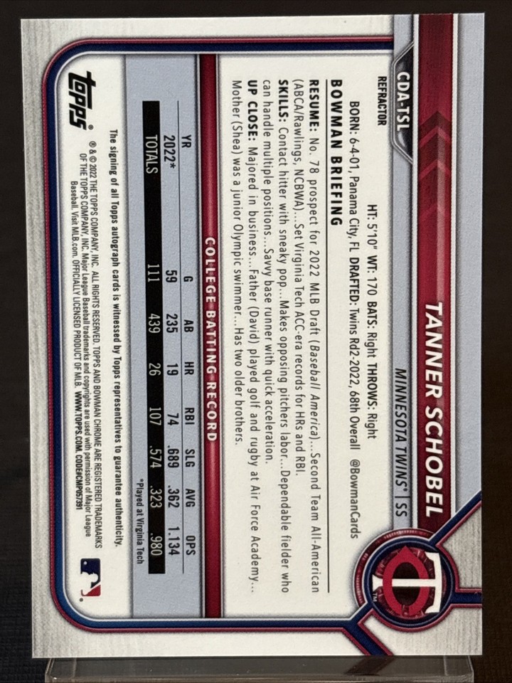 Tanner Schobel 2022 Bowman Chrome 1st Refractor Auto /499 #CDA-TSL ...