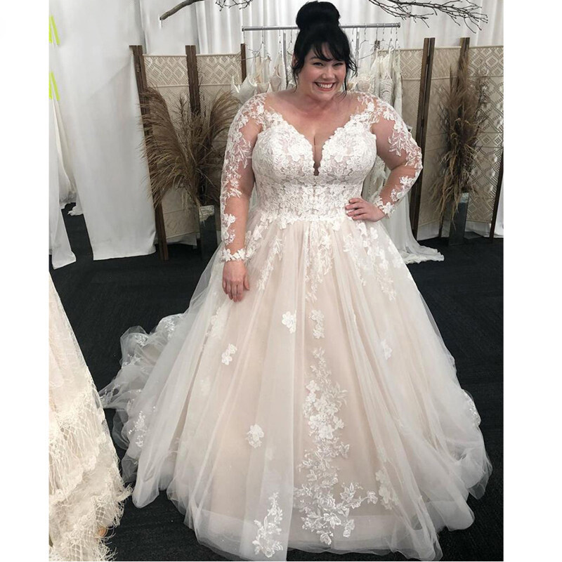 Plus Size Wedding Dresses Beach Deep V Neck Long Sleeves Backless ...