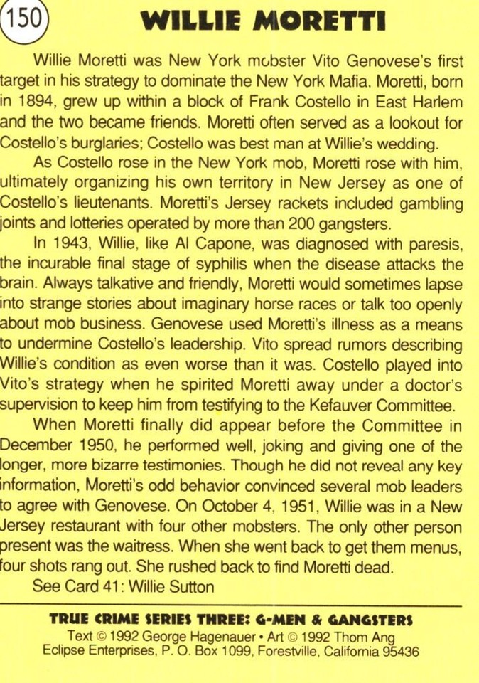 #150 Willie Moretti, True Crime G-Men and Gangsters Trading Card | eBay