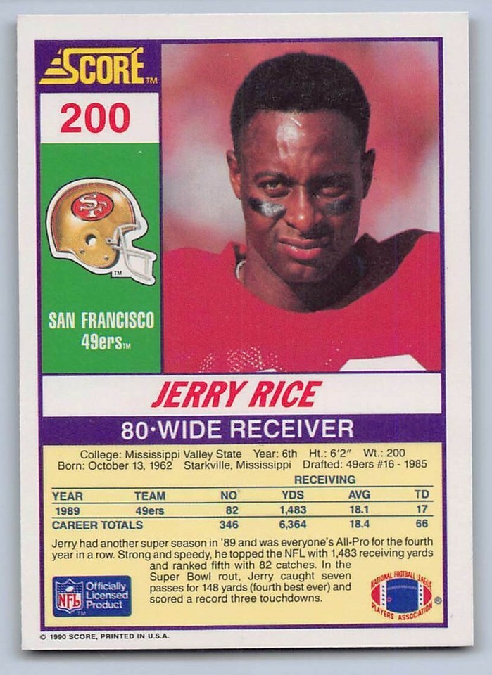 1990 JERRY RICE - SCORE Football Card # 200 - SAN FRANCISCO 49ers HOF ...