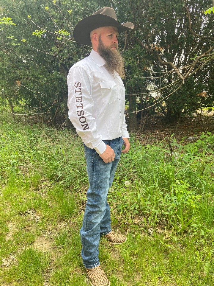 Men's Stetson White LONG-SLEEVE WESTERN SHIRT w/ 'STETSON' EMBROIDERY ...