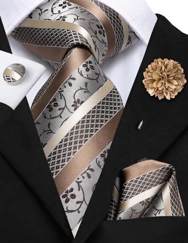 Mens Silk Ties Lapel Pin Handkerchief Cufflinks Set Brown Floral | eBay