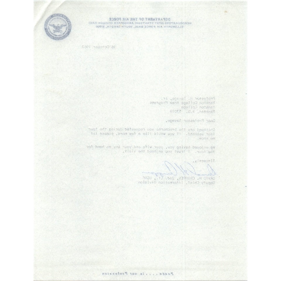 Department of the Air Force Letterhead Memo David H. Crippen 1967 TK1 ...