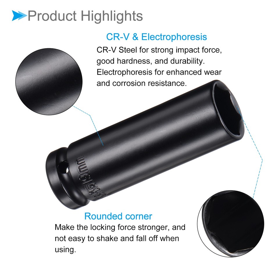 Deep Impact Socket 1/2" Drive 19mm CR-V Steel Round Corner 6 Point for ...