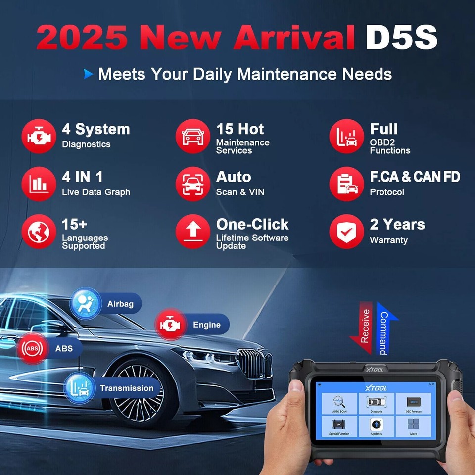 XTOOL D5S Car Engine Check OBD2 Scanner AT SRS ABS Diagnostic Code ...