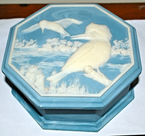 RETRO INCOLAY STONE BLUE Octagon KINGFISHER BIRD Teal Blue Trinket ...
