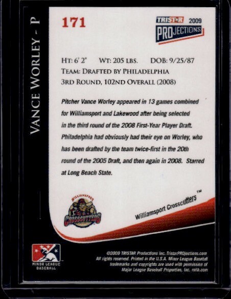 2009 TriStar PROjections #171 Autographed Vance Worley Trading Card | eBay