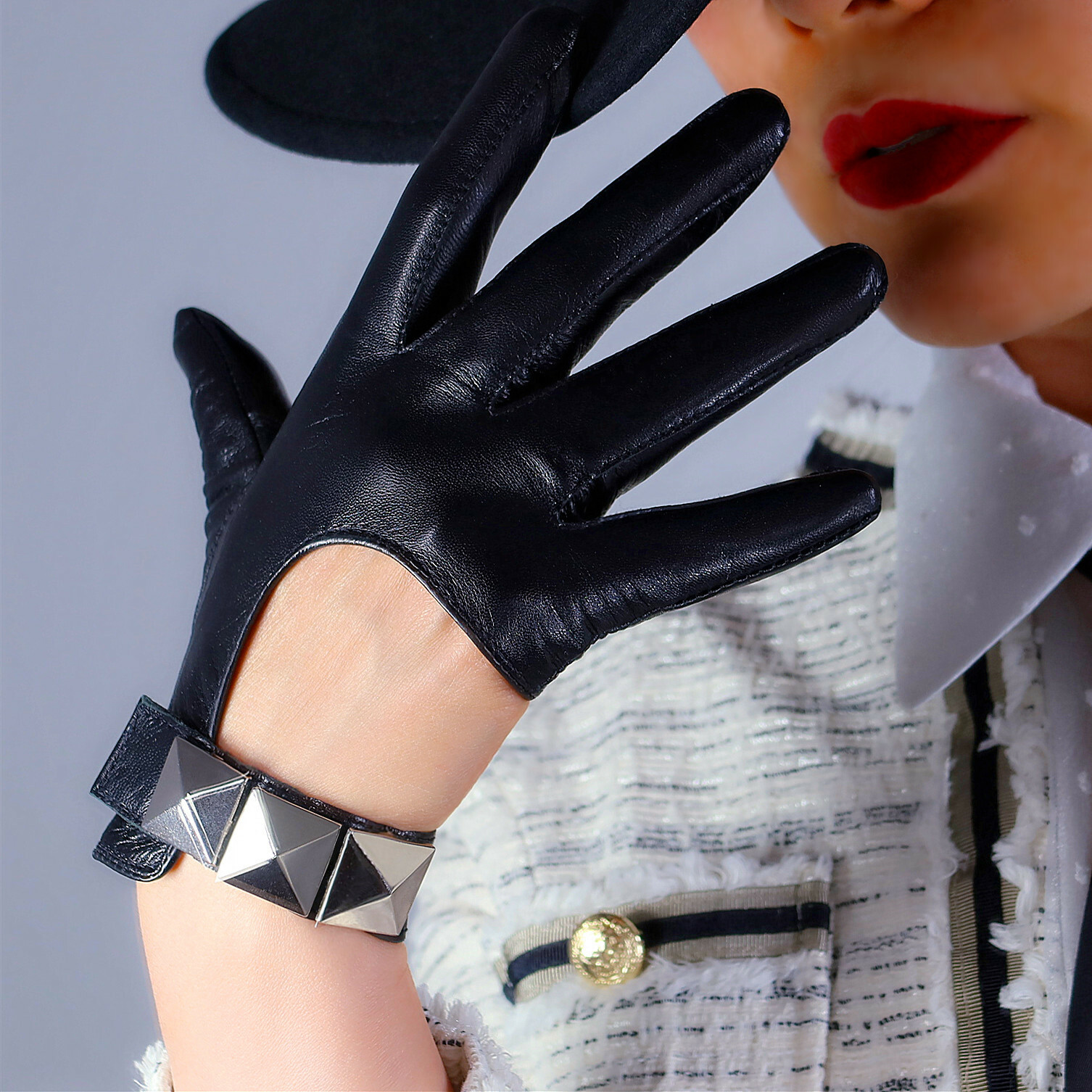 💯% REAL PATENT LEATHER Fingerless Short Gloves Black Silver Studs Half ...