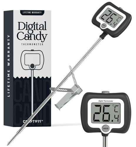 Digital Candy Thermometer w/ Clip, Instant Read 10" Probe, LCD Display ...