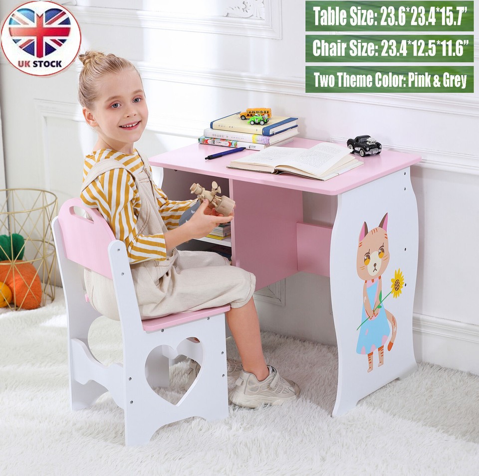 Brand Study Table and Chair Set Kids Wooden Desk with Stool & Storage ...