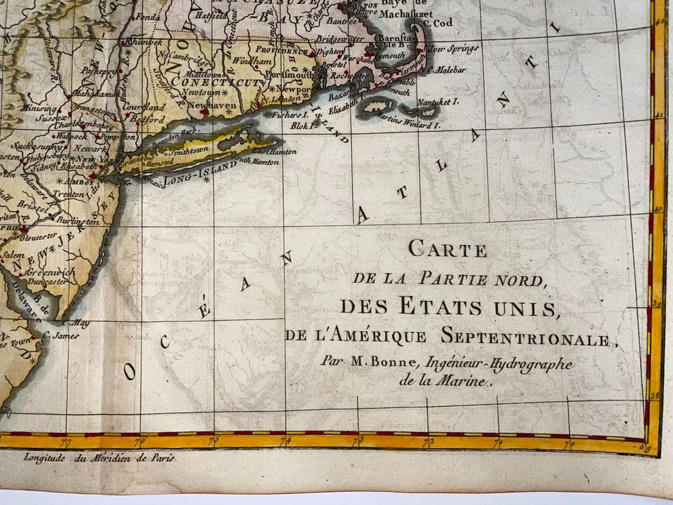 NORTHEAST UNITED STATES 1780 RIGOBERT BONNE ANTIQUE ENGRAVED MAP 18TH ...