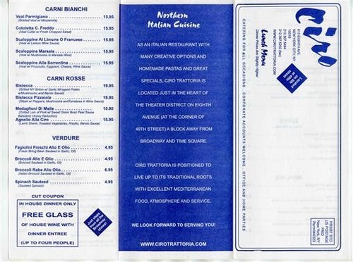 Ciro Northern Italian Restaurant Menu Eighth Ave New York City | eBay