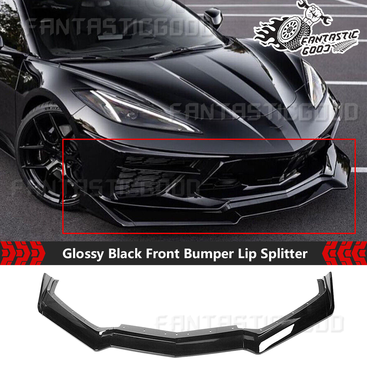 For Corvette C8 GM 5VM Style 20+ Winglet Gloss BLK Front Bumper Lip ...