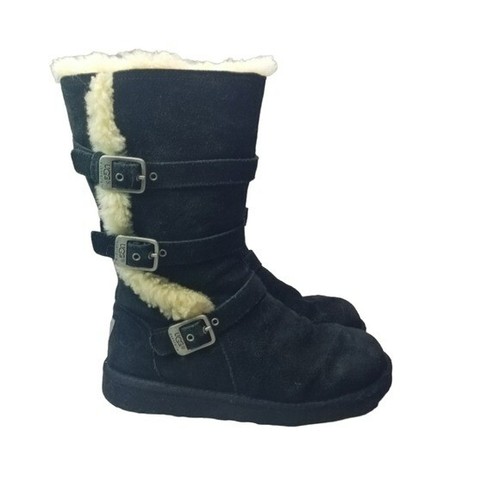 Ugg Maddi black shearling buckle big girls boots 4 GIRLS | eBay