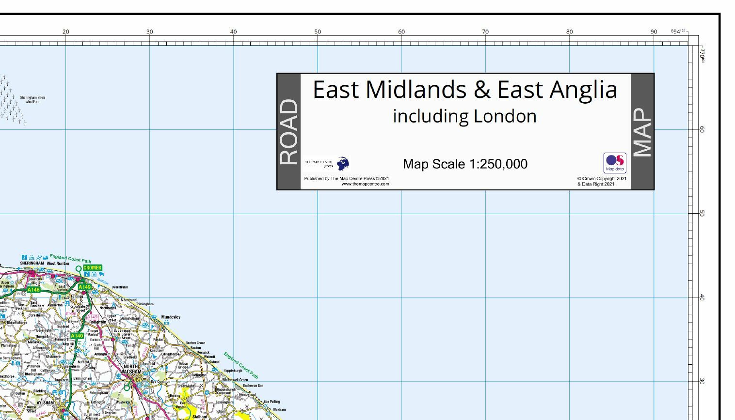 Ordnance Survey WALL Map of East Midlands, East Anglia and London ...