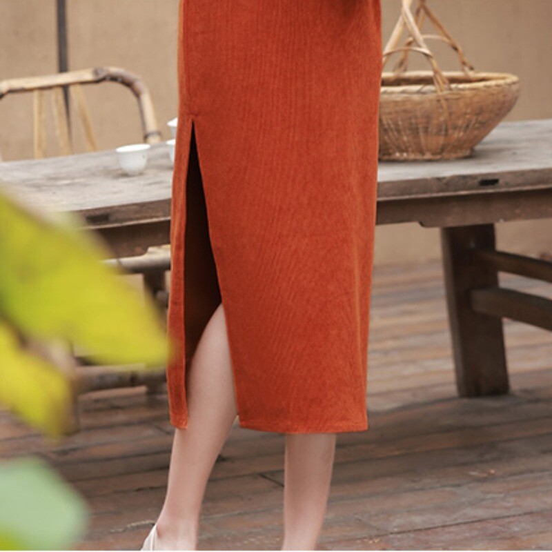 Women Chinese Cheongsam Dress Side Slit Faux Fur Trim Thick Long Sleeve ...