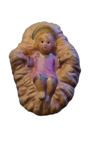 Vtg Christmas Nativity Ceramic Baby Jesus in Manger Hay Pink Halo ...