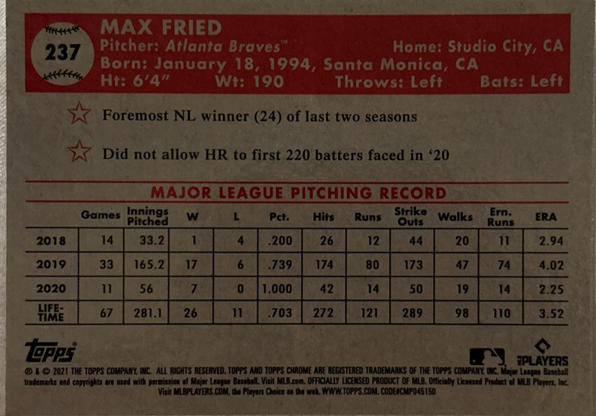 Topps Chrome Autographed Max Fried Baseball Card | eBay