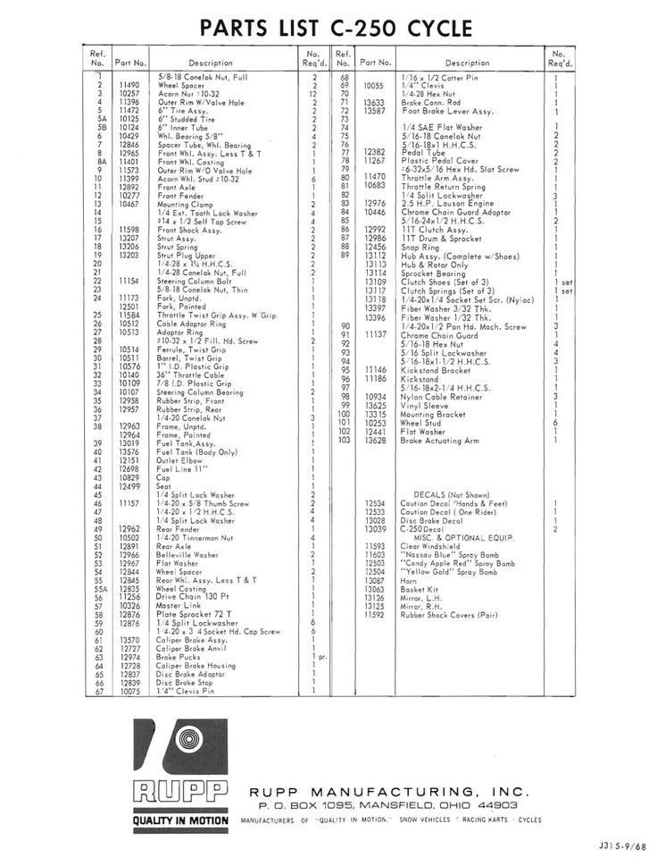 Rupp Roadster C-250 C-350 XL-350 XL-500 TT-500 Minibike Manual Part ...