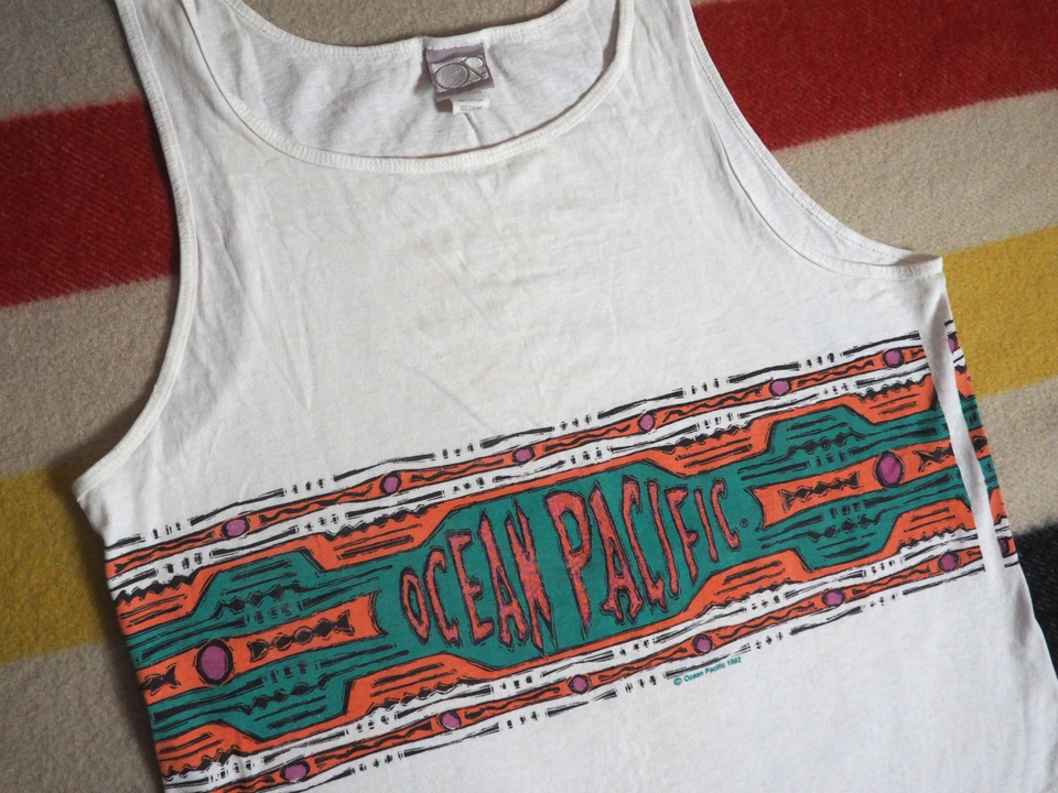 VTG 90s Ocean Pacific OP Wrap Surf Logo USA Beach White Tank Top Tee T ...