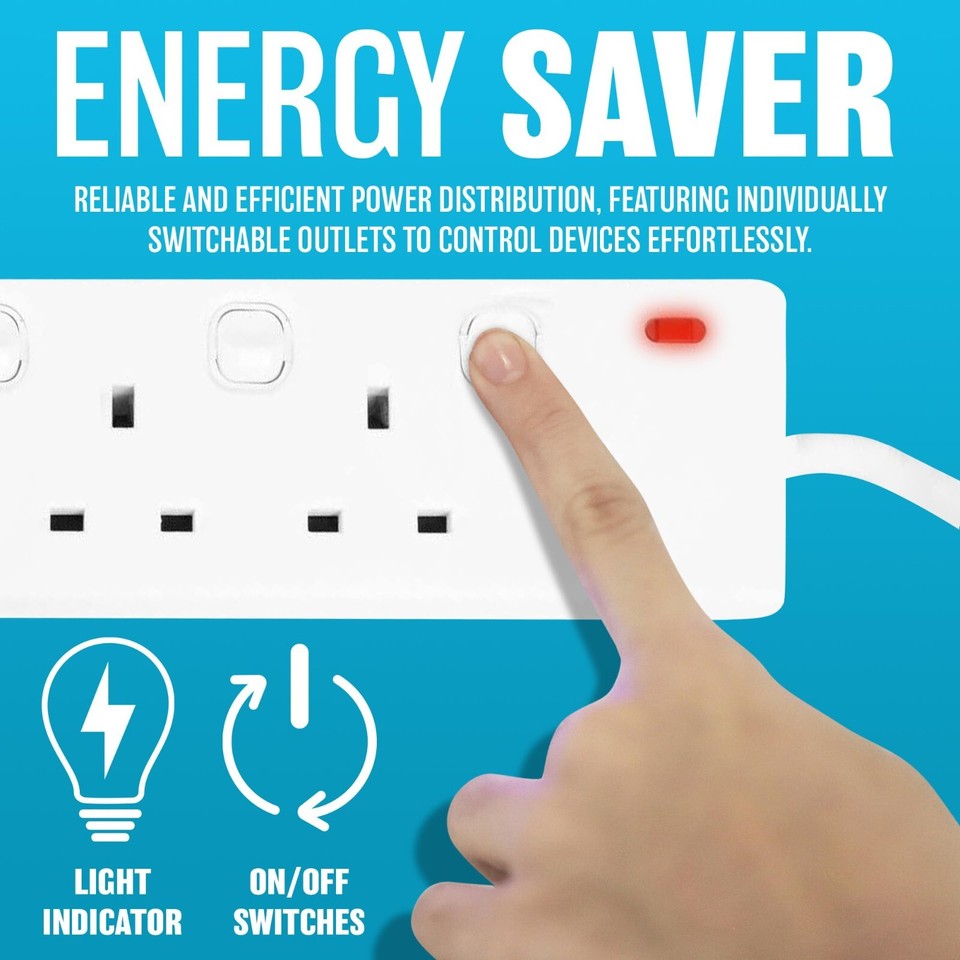 NEW 6 WAY GANG EXTENSION LEAD 2M CABLE INDIVIDUALLY SWITCHED 6 SOCKET ...