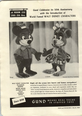 1948 PAPER AD Gund Stuffed Plush Toy Animals Walt Disney's Bongo ...