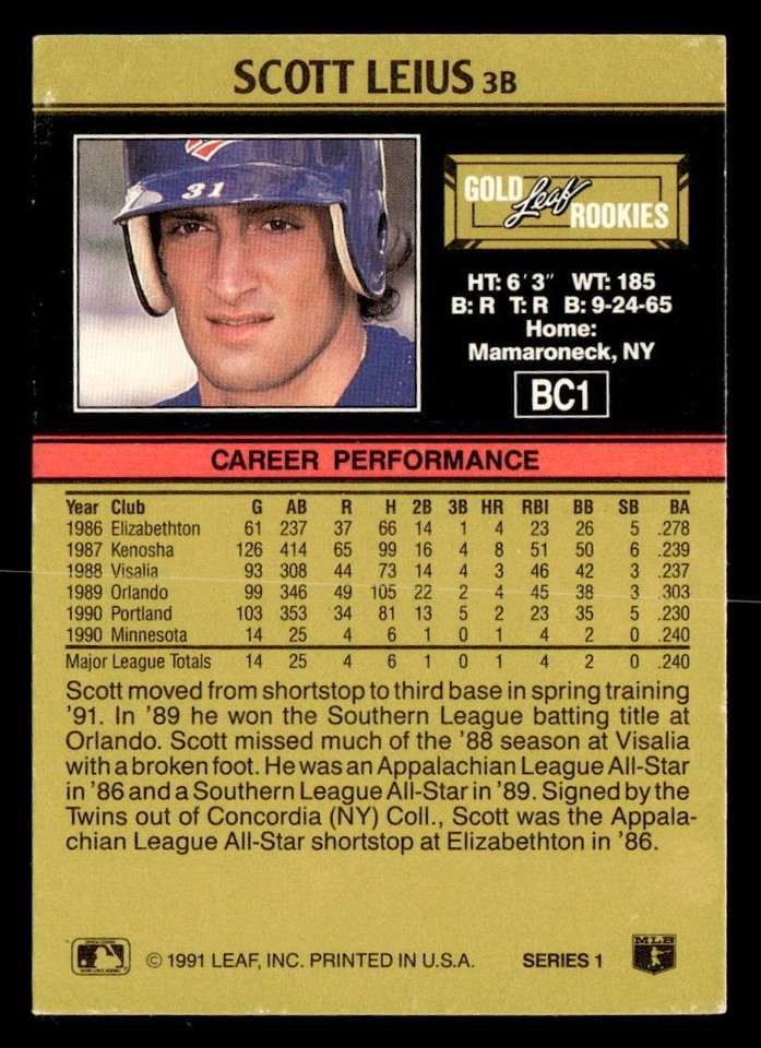 Scott Leius 1991 Leaf Gold Rookies Card #BC1 Minnesota Twins | eBay