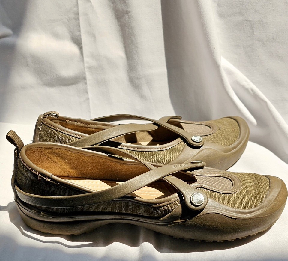 Crocs Celeste Mary Jane Crossed Straps Shoes Slip On Brown Canvas Women ...