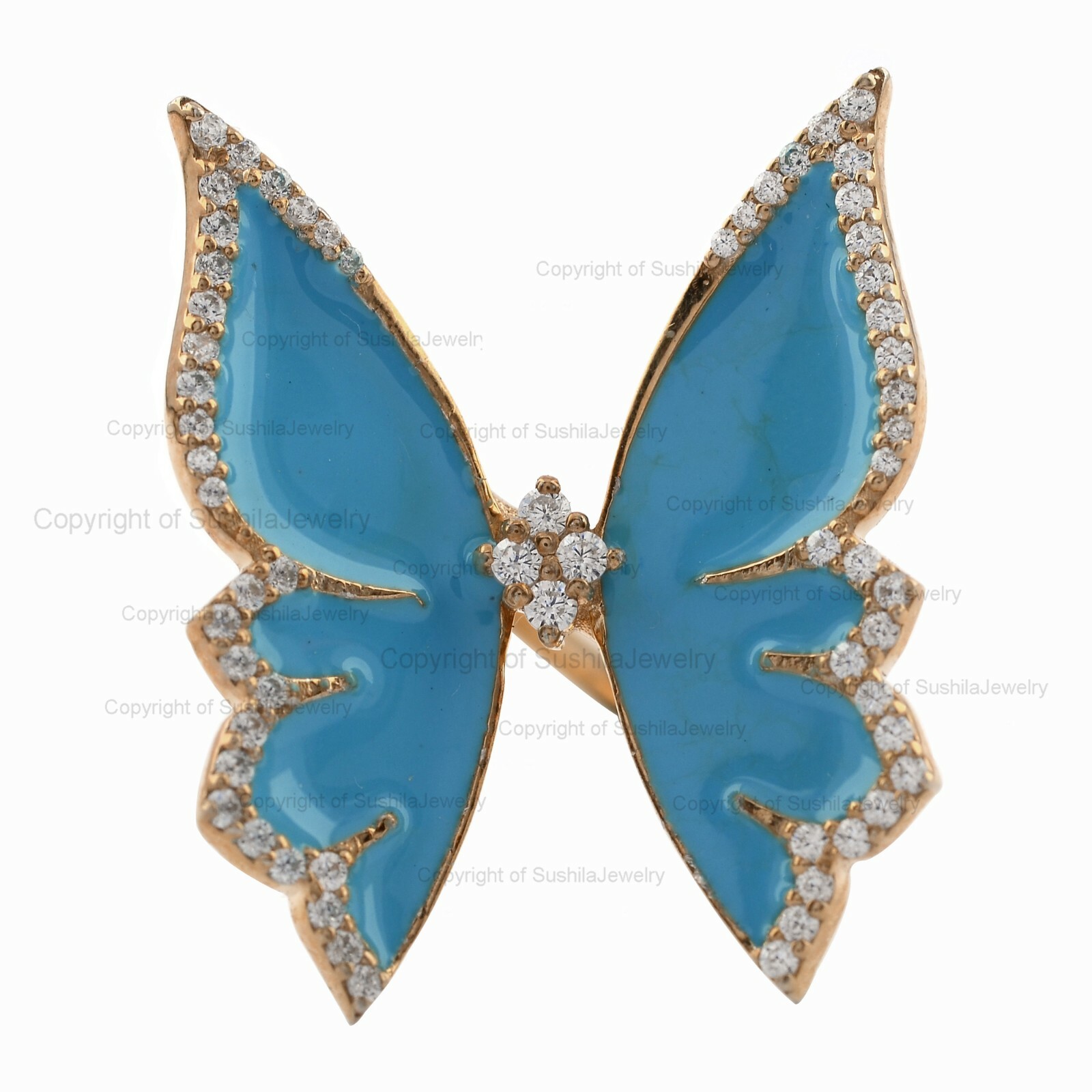 Turquoise Blue Enamel Diamond Butterfly Ring Solid 14K Yellow Gold Fine ...