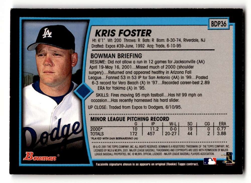 2001 Bowman Draft Picks & Prospects #BDP36 Kris Foster Los Angeles D ID ...