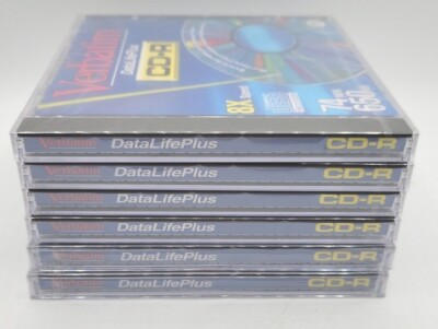 New 6 pc Lot Verbatim 91224 CD-R Disc 74 min 650 MB Full Size Jewel ...