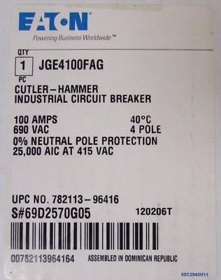 EATON CUTLER HAMMER JGE4100FAG 4 pole 100A J250E Circuit Breaker ...