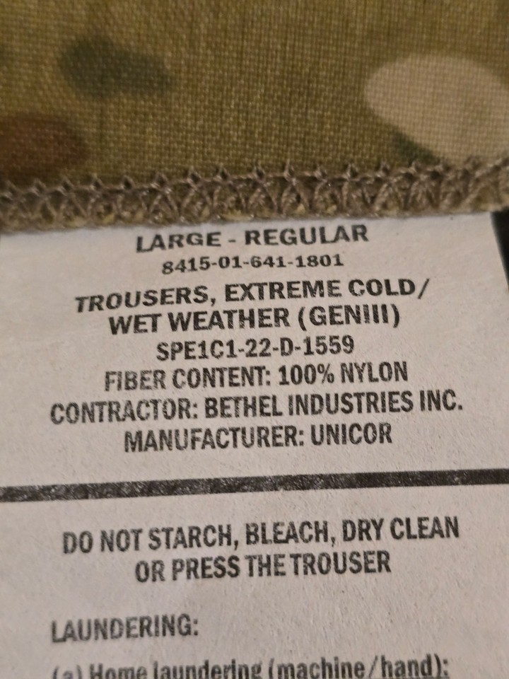 US Army ECWCS Gen III Level 6 Extreme Cold/Wet Weather Trousers ...