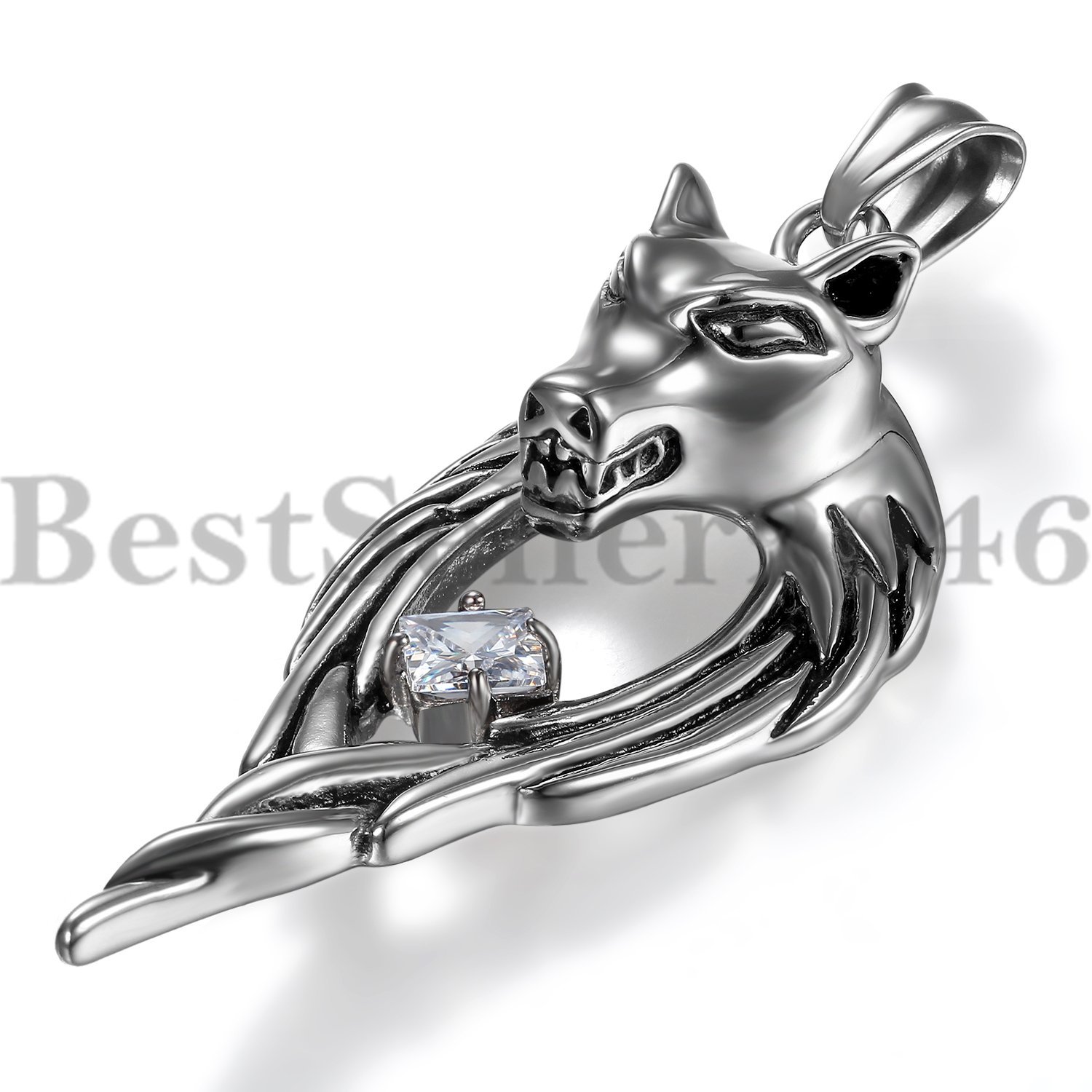 Mens Wolf Head Angel Wing Hug CZ Pendant Stainless Steel Chain Necklace ...