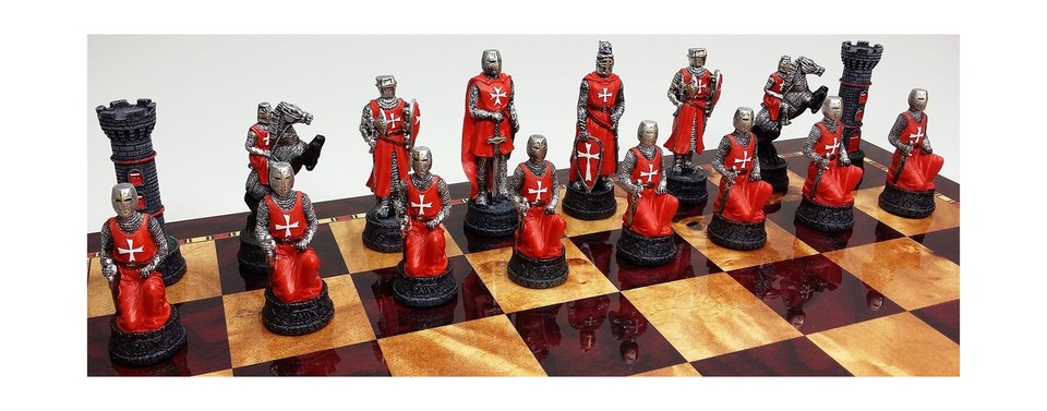 Medieval Times Red & Blue Maltese Warrior Knight Chess Set W/ 18" High ...