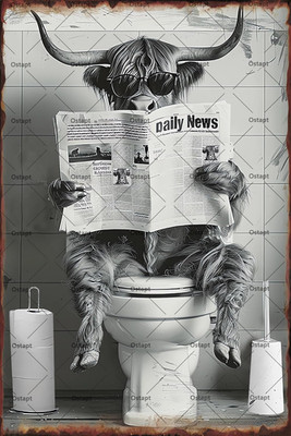 Highland Cow Is Reading Newspaper Vintage Metal Signs in Toilet Tin ...