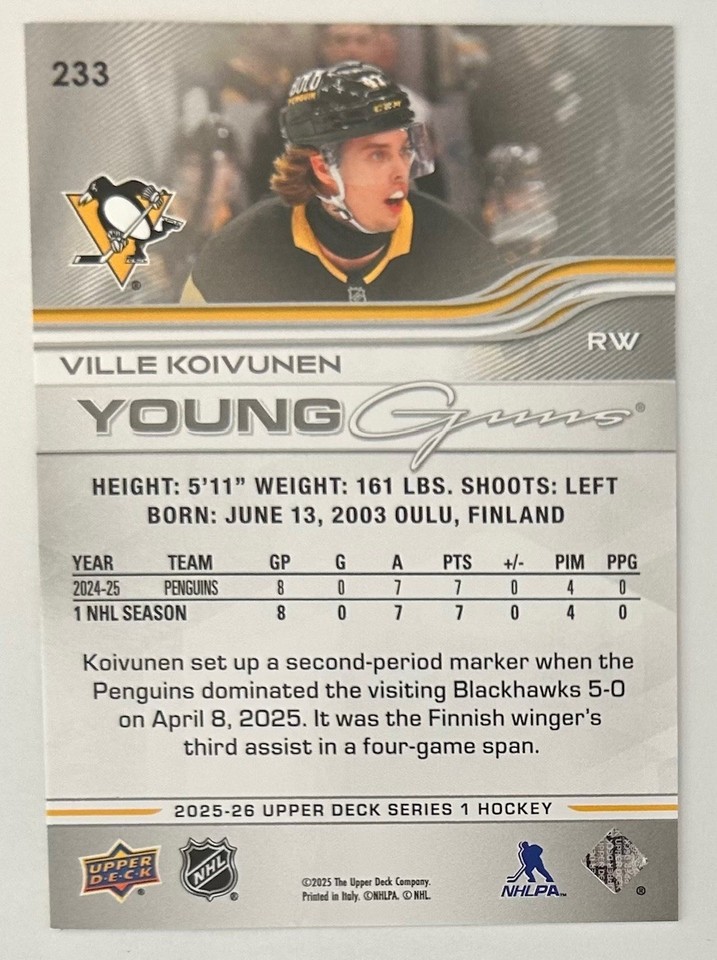 Ville Koivunen 2025-26 Upper Deck Series 1 Young Guns Rookie #233 ...