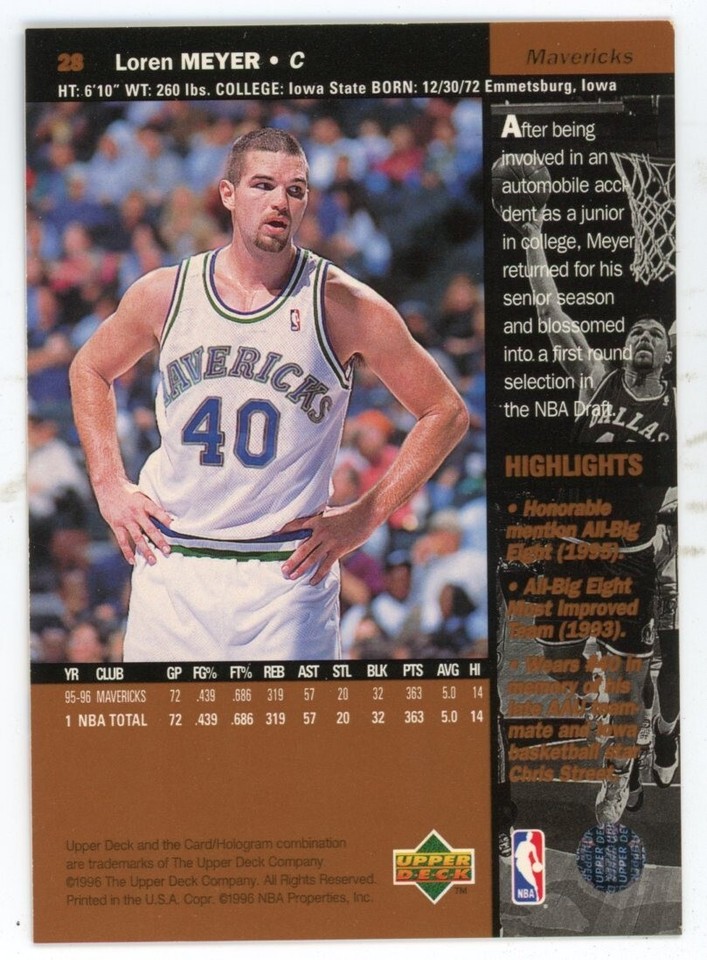1996-97 Upper Deck Dallas Mavericks Basketball Card #28 Loren Meyer | eBay