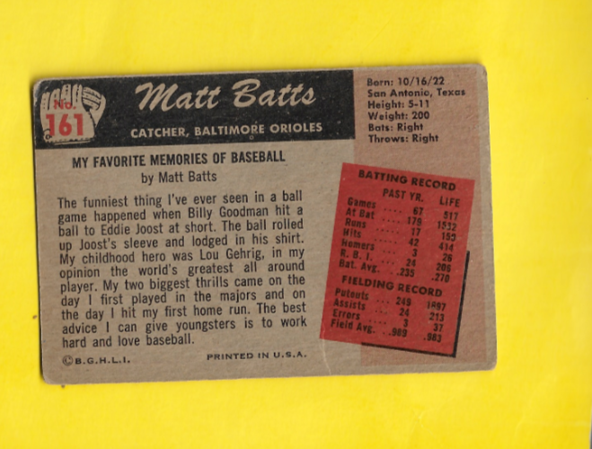 1955 Bowman Matt Batts #161 Baltimore Orioles GOOD FREE SHIPPING | eBay