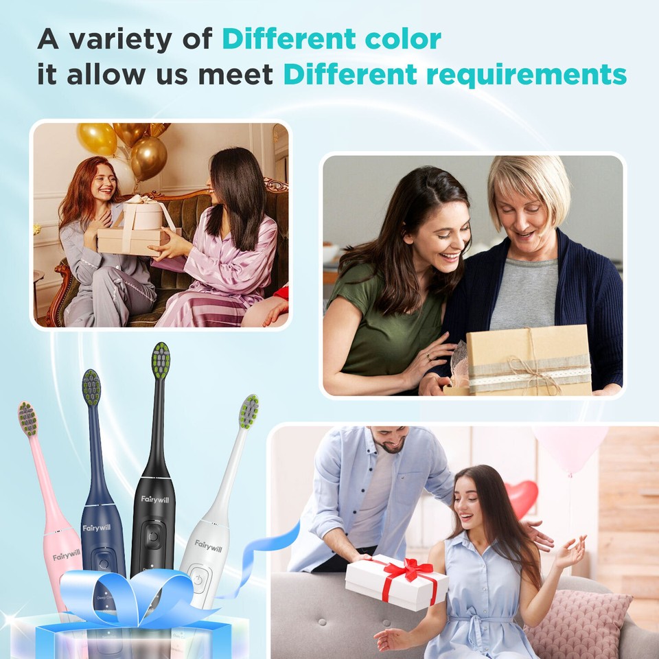 Fairywill Electric Toothbrush USB Rechargeable 8 Brush Heads 5 Modes ...