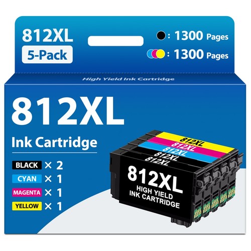 812XL Ink Cartridges (5PK,2BK/1C/1M/1Y) for Epson WF-7820 WF-7310 EC ...