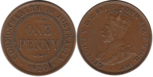 Australia: 1920 One Penny KGV double dot, 1d. F/VF. Ren cat F $160, VF ...
